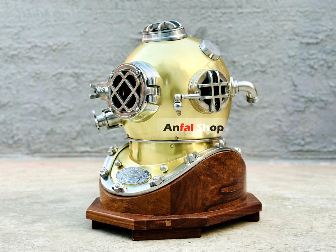 Scuba Diving Helmet With Wooden Base Brass Plating Nautical Diving ...