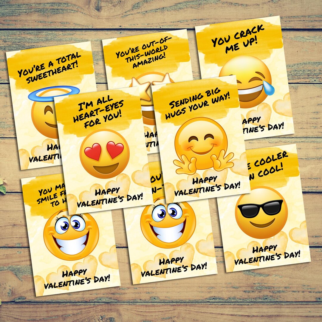 Kids Valentines Printable, Emoji Valentine Cards, Yellow Valentines Day ...