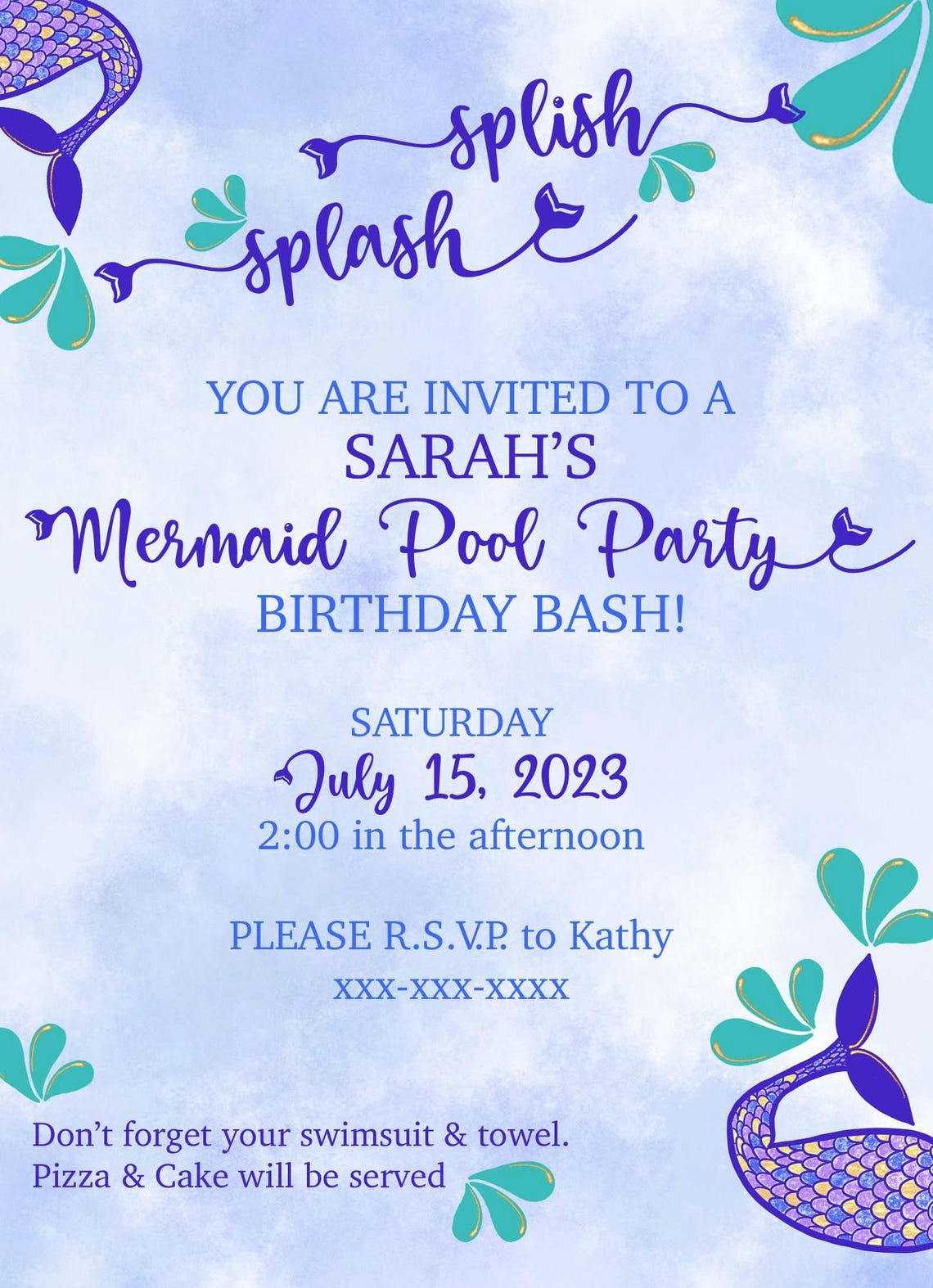 Mermaid Pool Party Invitation, Splish Splash Birthday Invitation, Girls ...