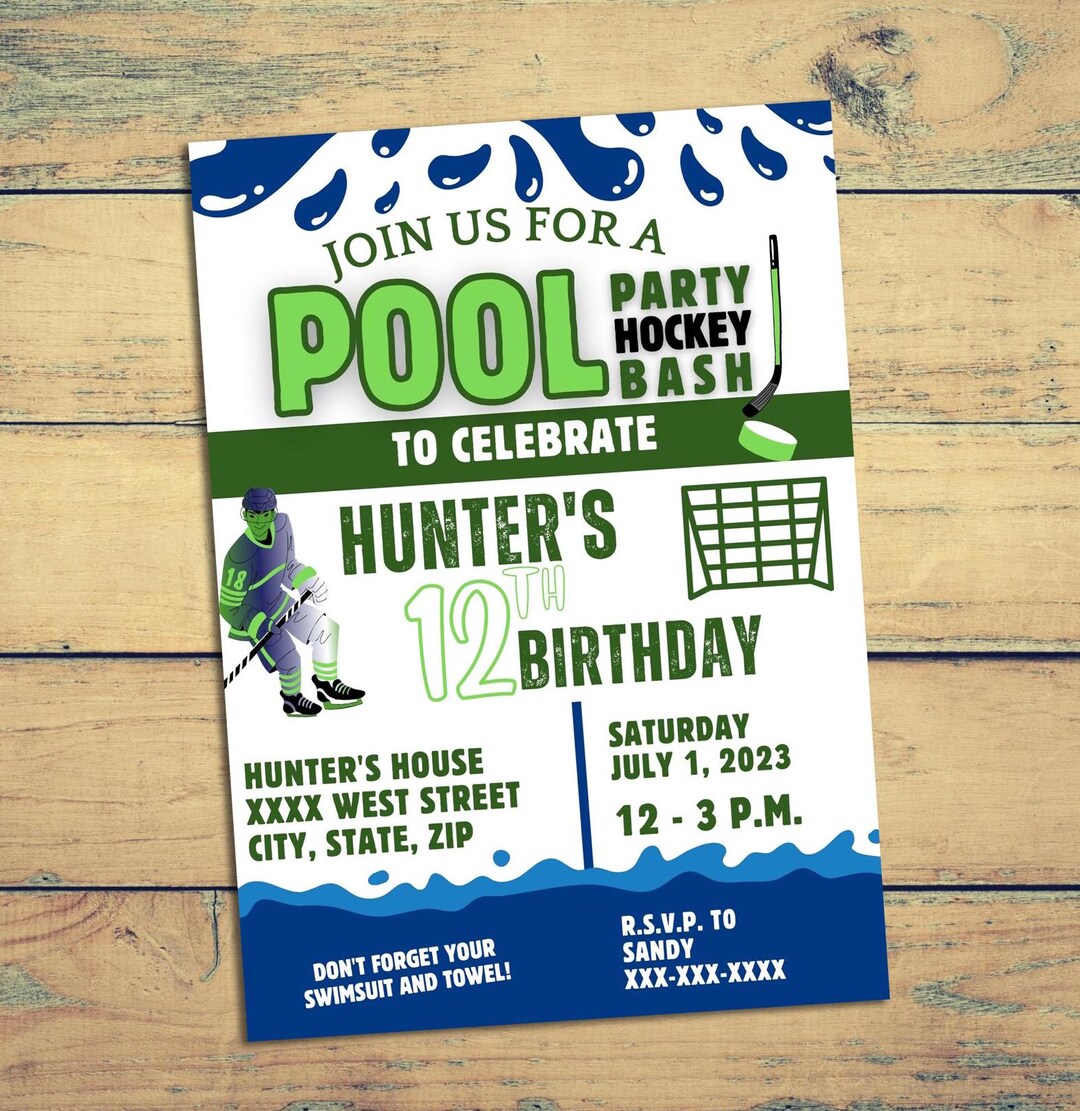 Hockey Birthday Invitation Green and White, Canva Template Birthday ...