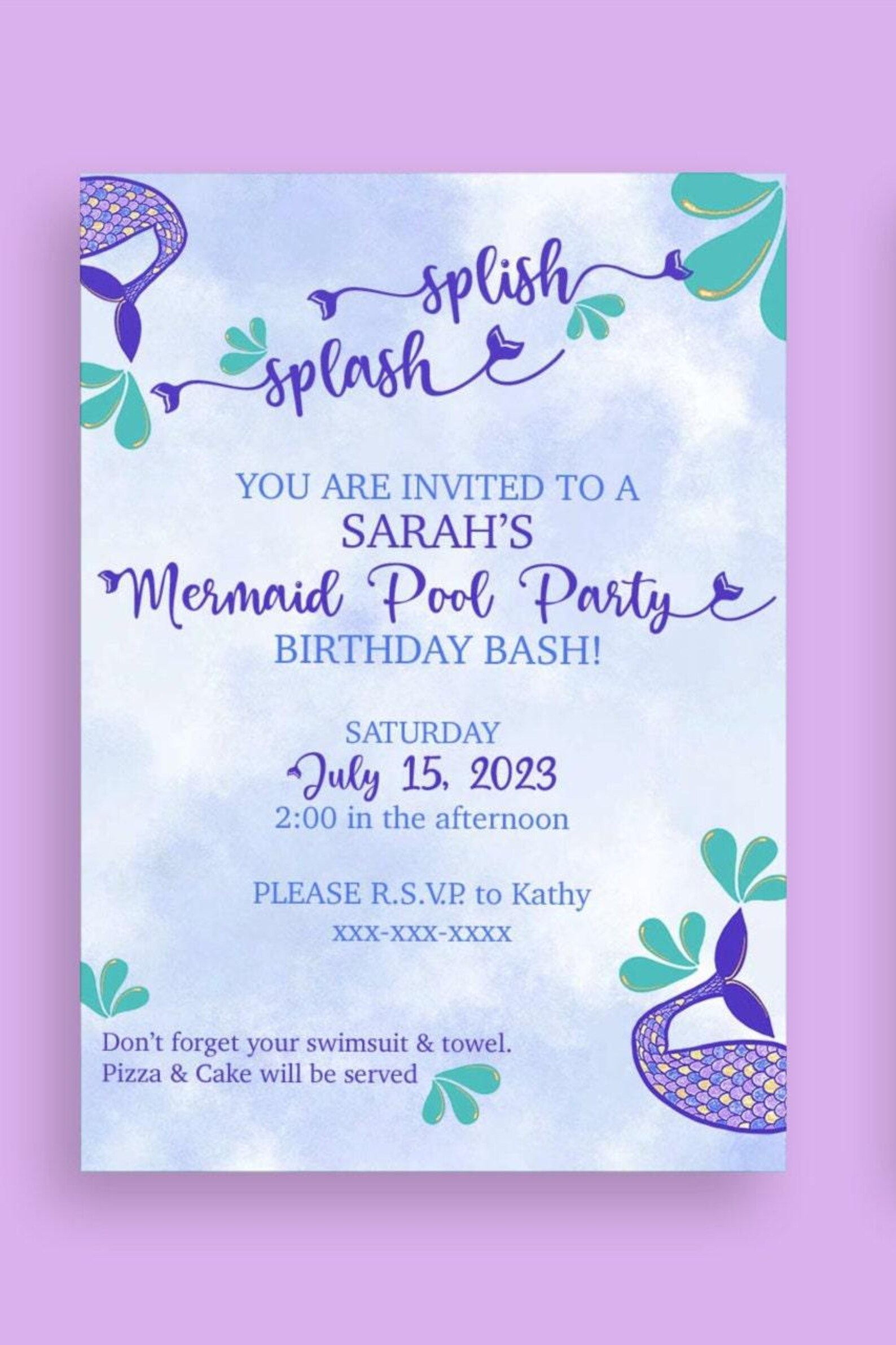 Mermaid Pool Party Invitation, Splish Splash Birthday Invitation, Girls ...