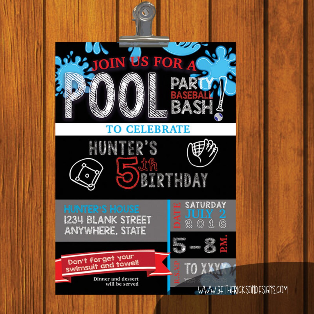 Baseball Pool Party Invitation, Pool Party Birthday Invitation Boy ...