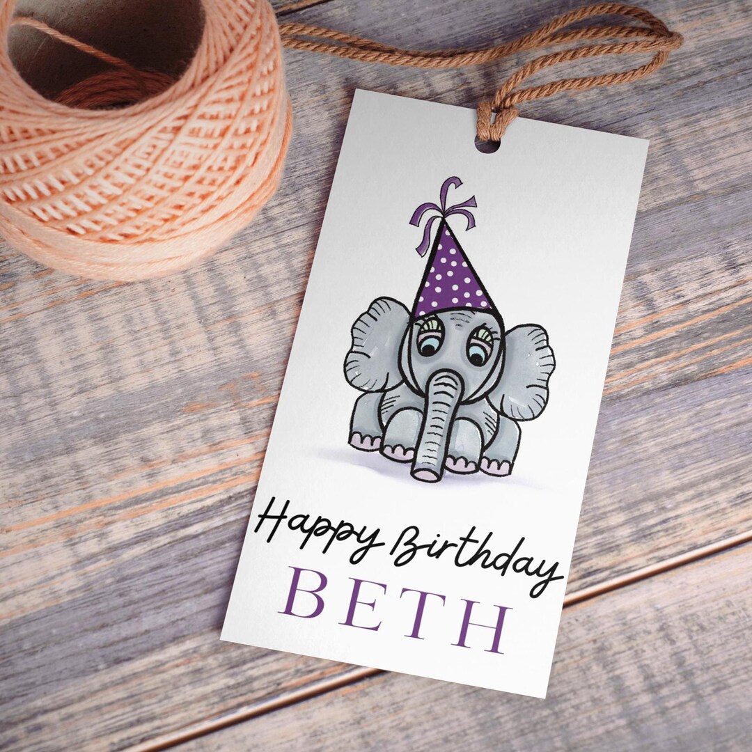 Party Elephant Gift Tag, Editable Gift Tag Template, Happy Birthday ...
