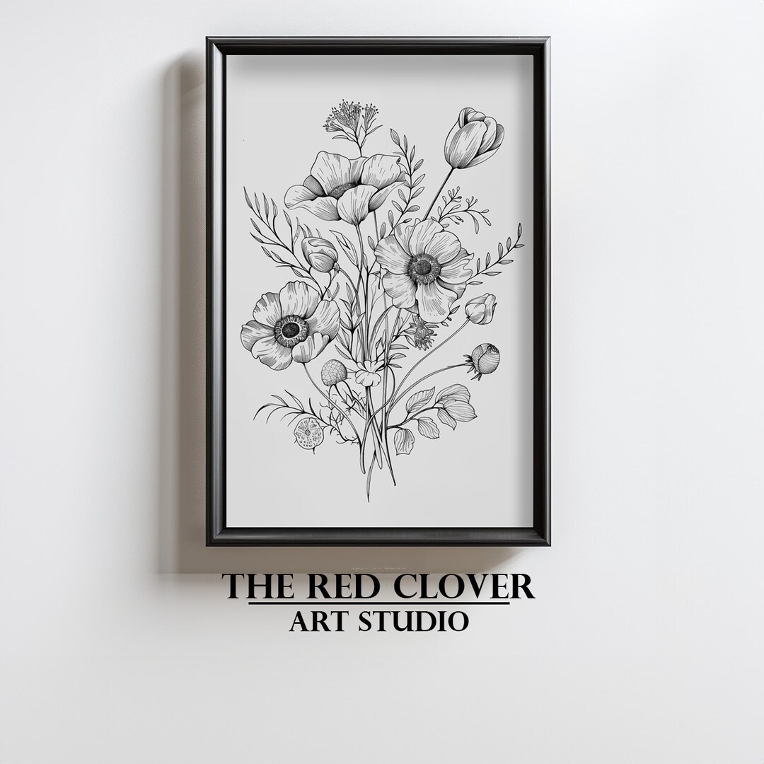 Cottagecore Decor Hand-drawn Line Art Flowers Elegant Wildflower Sketch ...