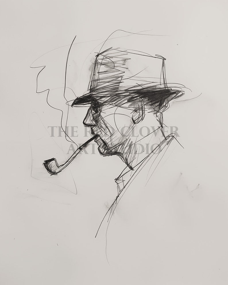 Man in Hat Smoking Pipe Sketch Man Portrait Minimalist Home Decor ...