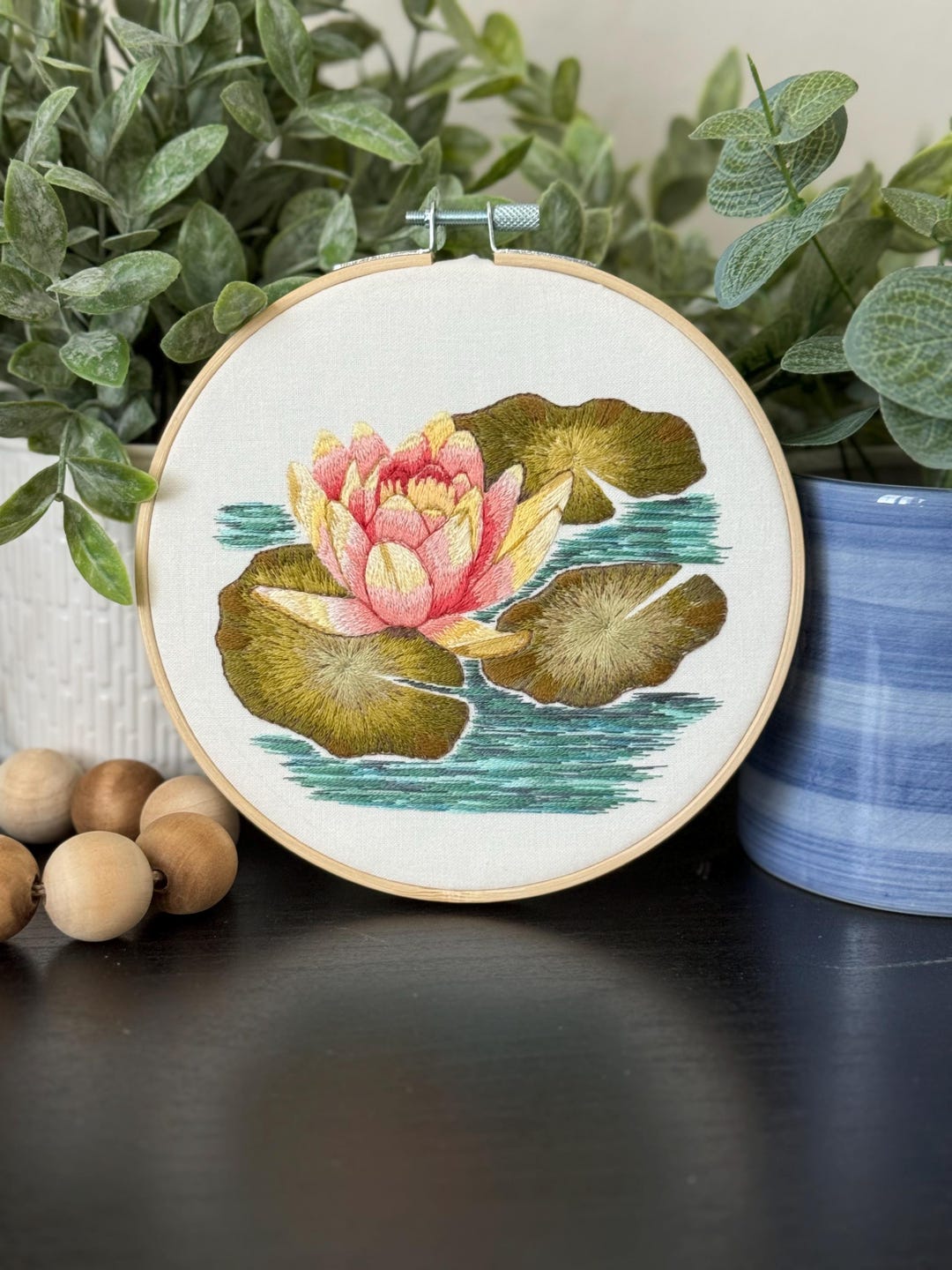 Embroidered Water Lily Hoop Art: Thread Painting, Handmade Textile - Etsy