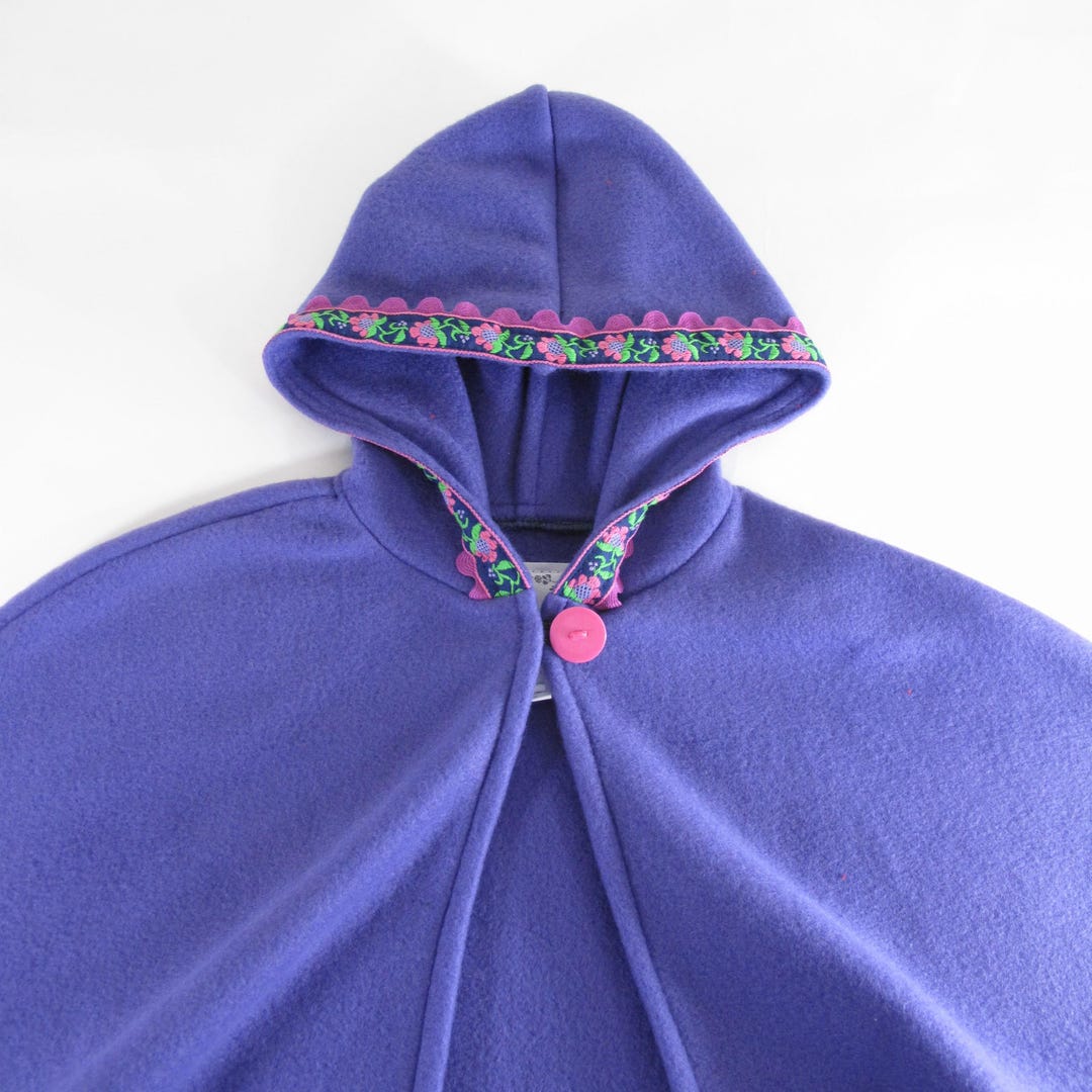 Girls Purple Fleece Hooded Cloak, Girls Cape With Hood and Floral Trim ...