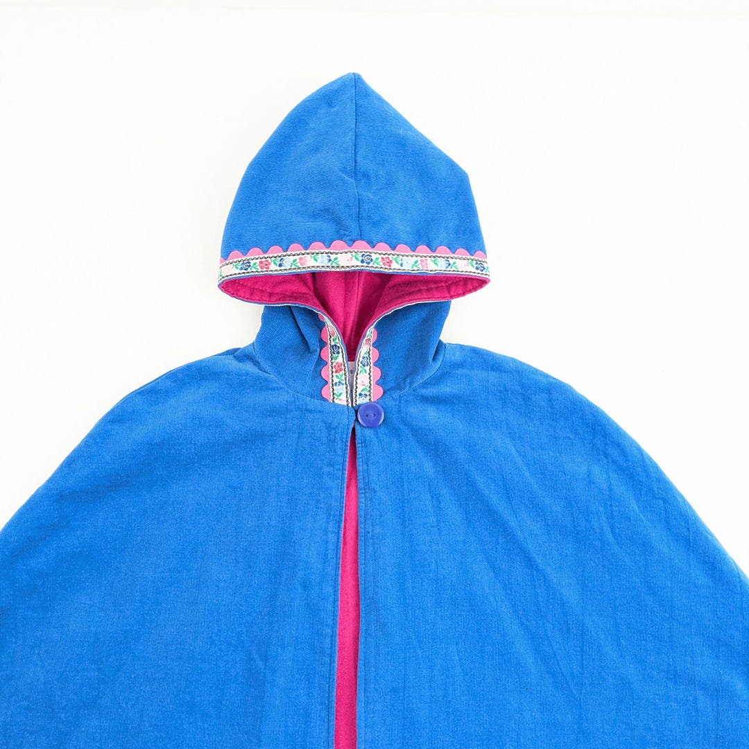 Girls Turquoise Blue & Pink Cloak With Floral Trim, Hooded Corduroy ...