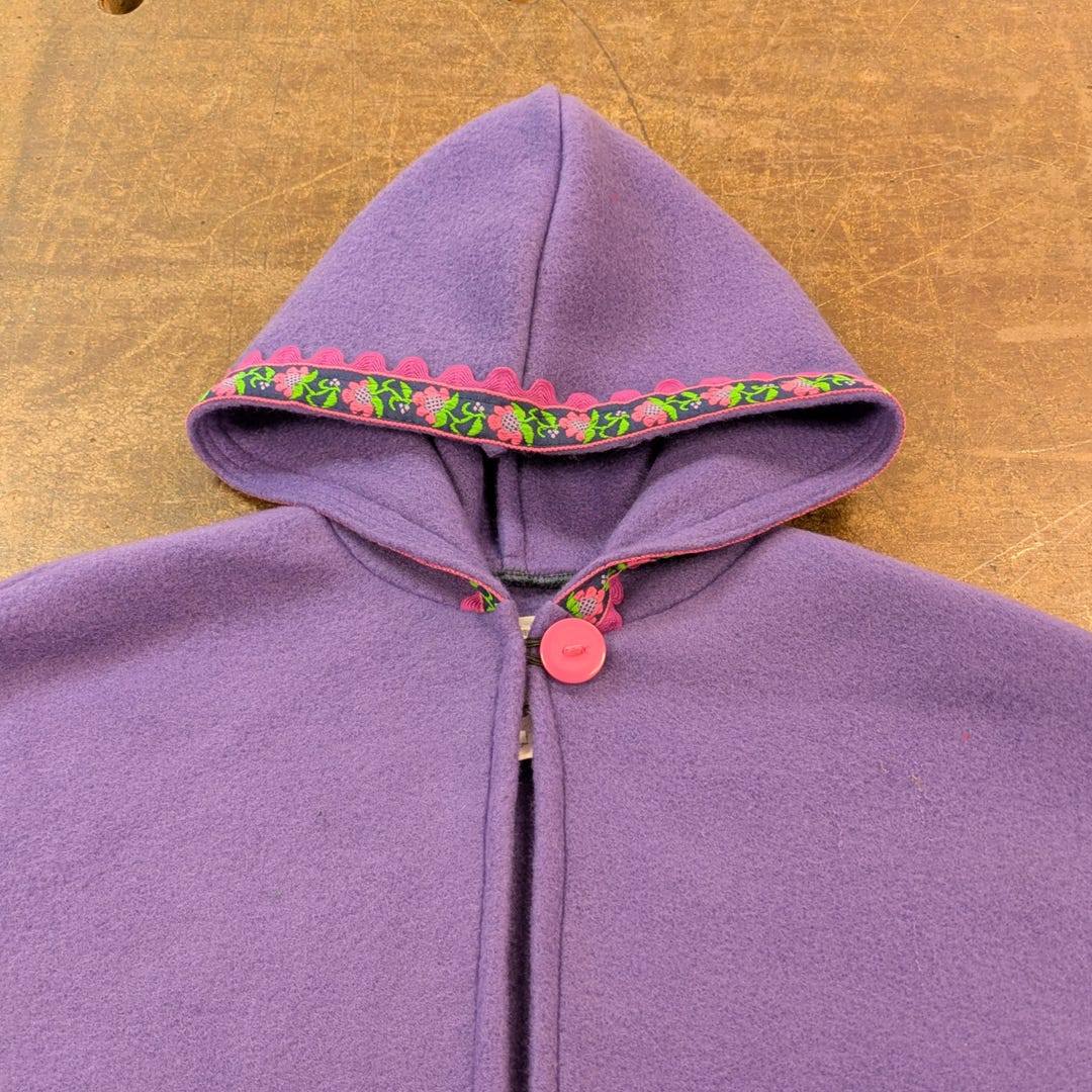 Girls Purple Fleece Hooded Cloak, Girls Cape With Hood and Floral Trim ...