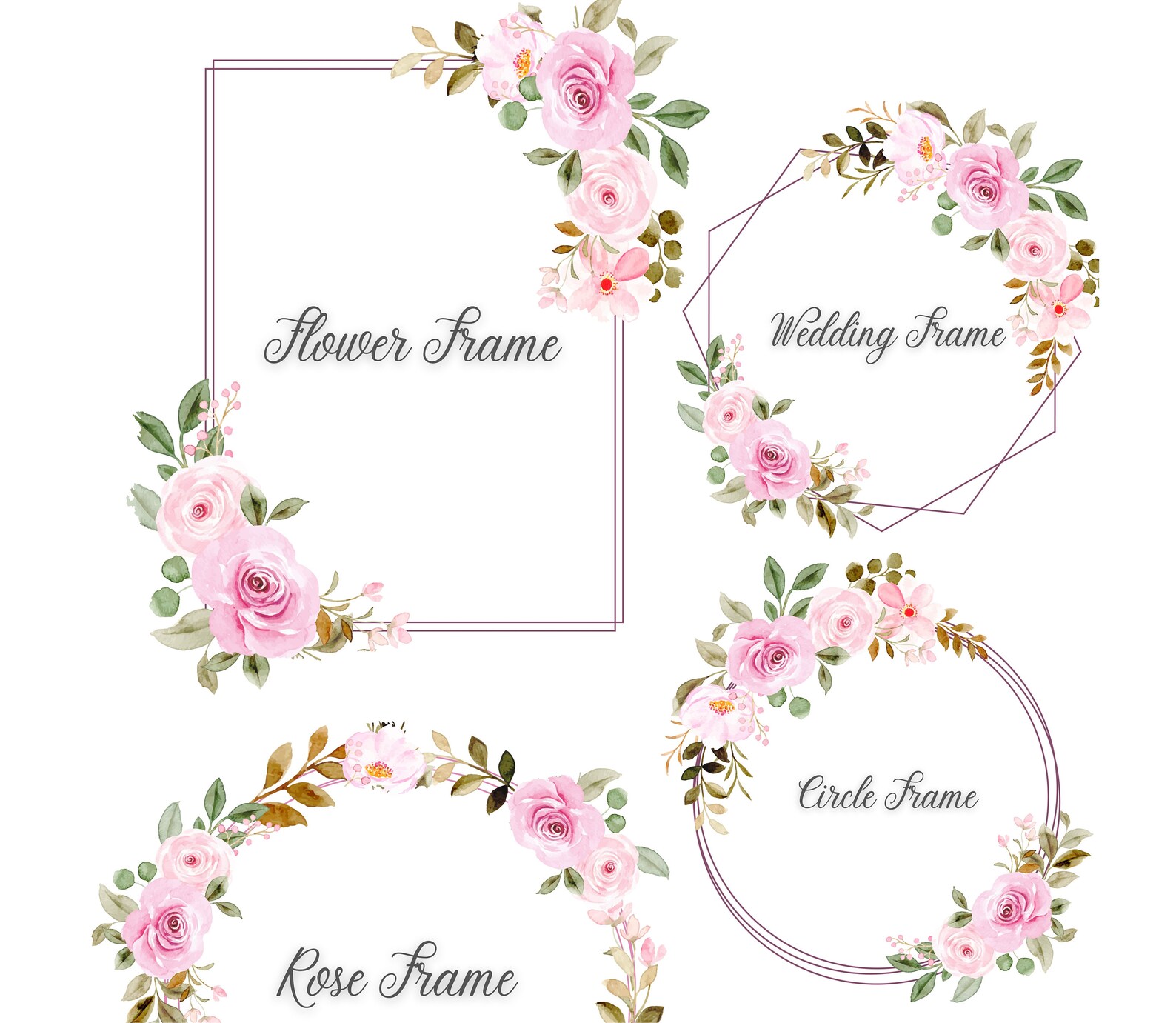 Watercolor Rose Flower Wreath Set, Flower Rectangle Wreath Png, Wreath ...