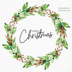 Watercolor Christmas Wreath Clipart: Holly Circle Frame (PNG Digital ...
