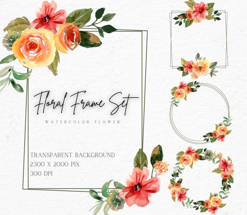 Watercolor Flower Frame Set, Floral Wreath Png, Wedding Wreath Bundle, Digital Wreath Png, Green ...