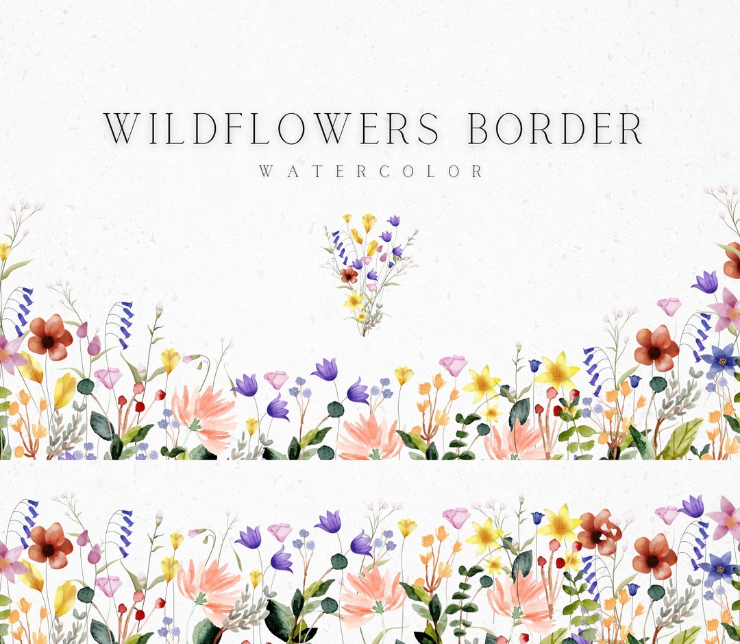 Wildflowers Border Clipart, Digital Clipart, Watercolor Floral Border ...