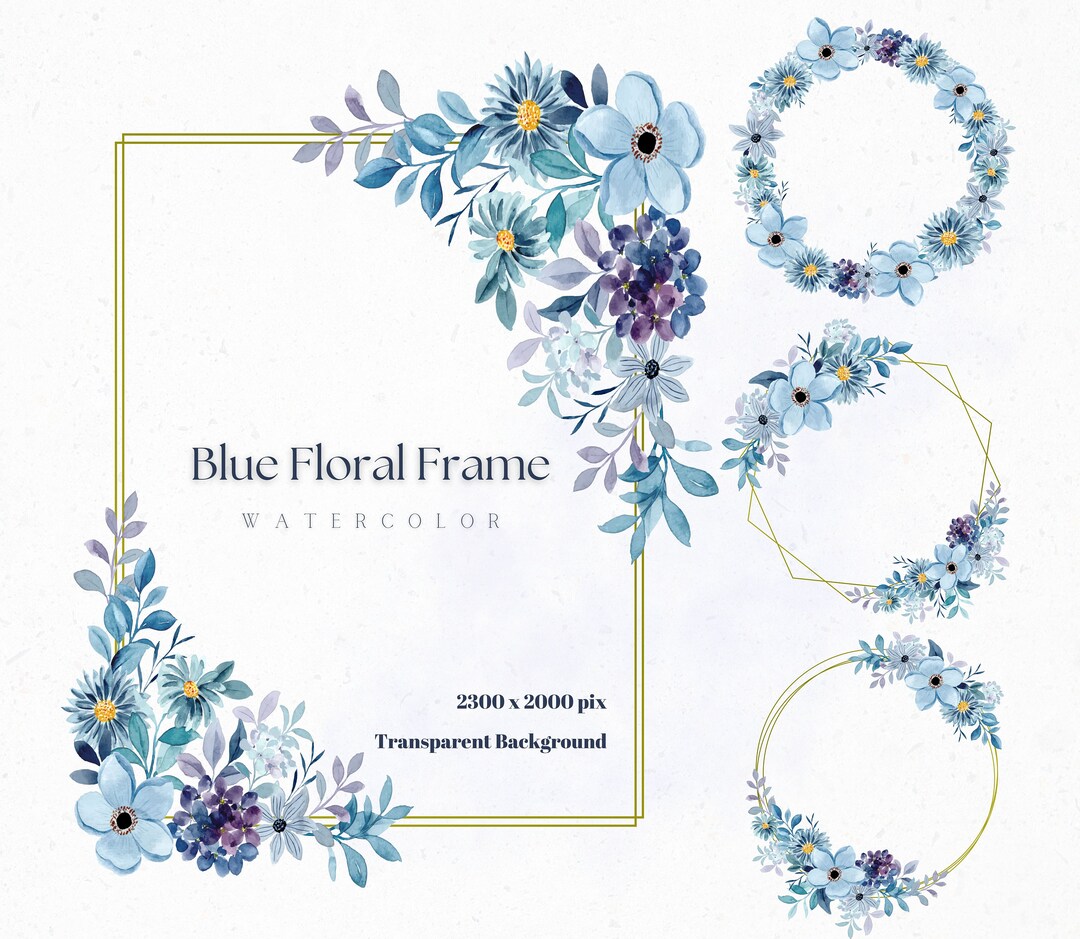 Watercolor Blue Flower Wreath Set, Blue Flower Clipart Png, Botanical ...