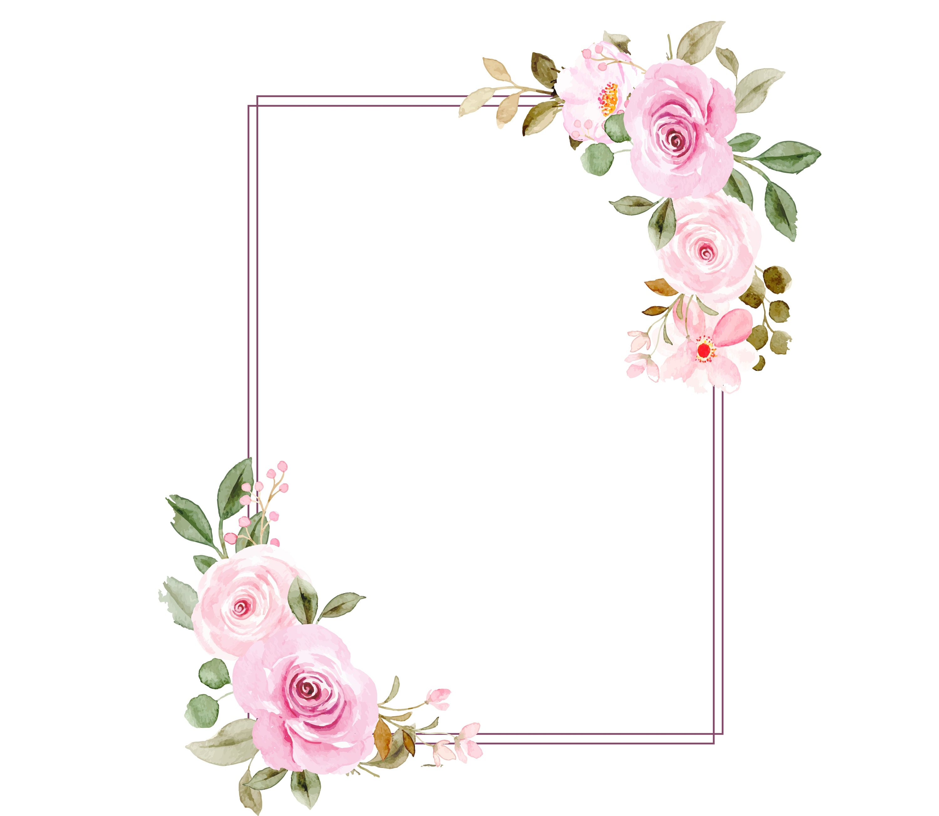 Watercolor Rose Flower Wreath Set, Flower Rectangle Wreath Png, Wreath ...