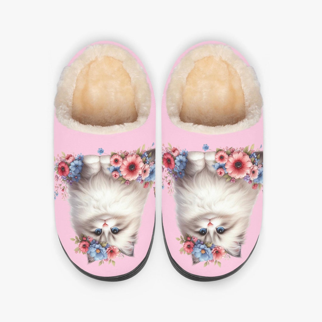 Fluffy Pink Floral Kitty Kat Slippers – Cute & Cozy Footwear for Cat ...