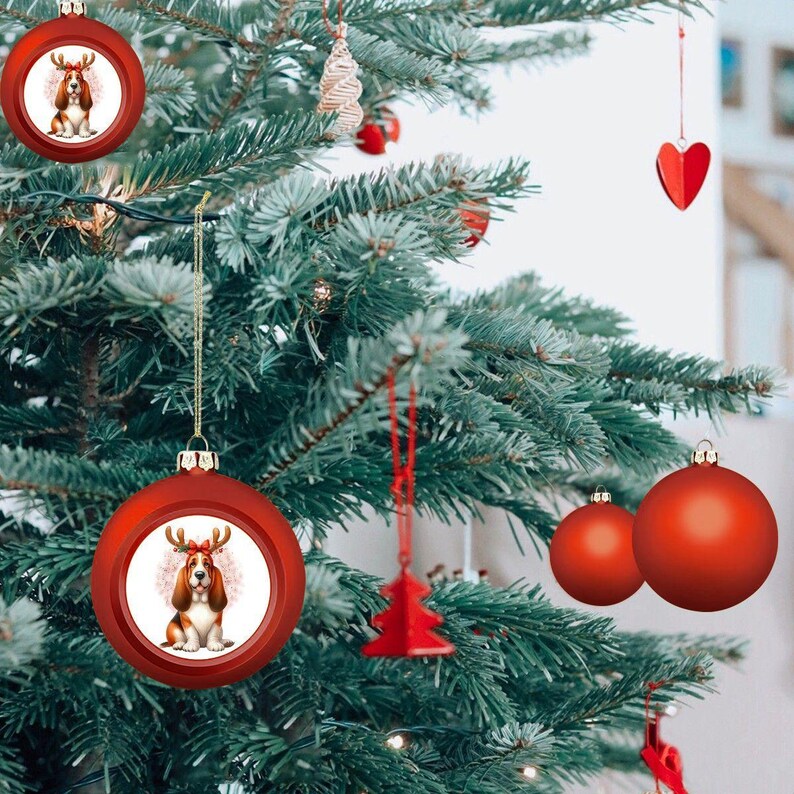 Basset Hound With Reindeer Antlers Christmas Ball Ornaments – Gold or ...
