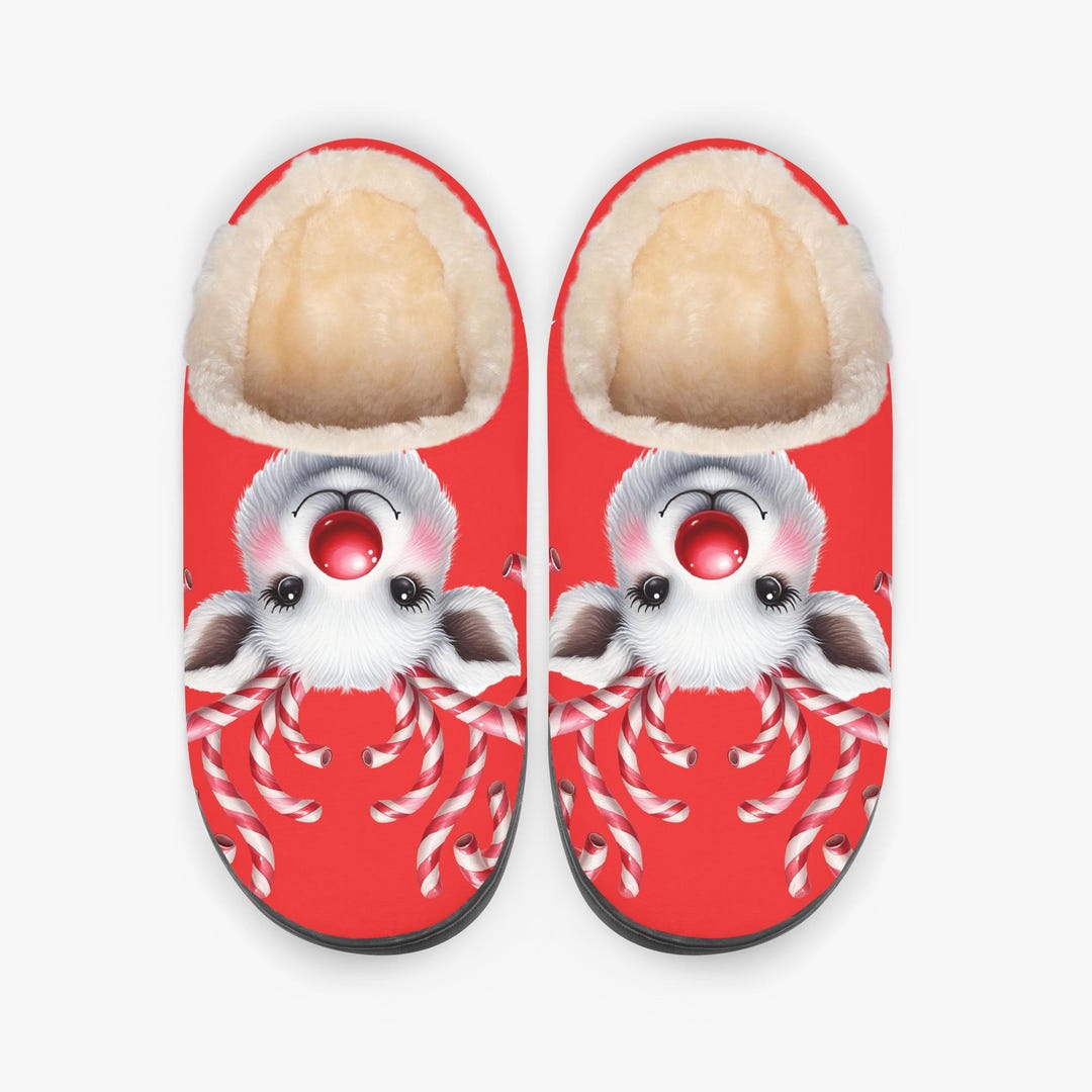 Red Rudolph Fluffy Slippers – Christmas Candy Cane Antlers | Cozy ...