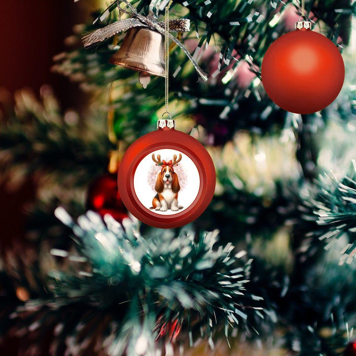 Basset Hound With Reindeer Antlers Christmas Ball Ornaments – Gold or ...
