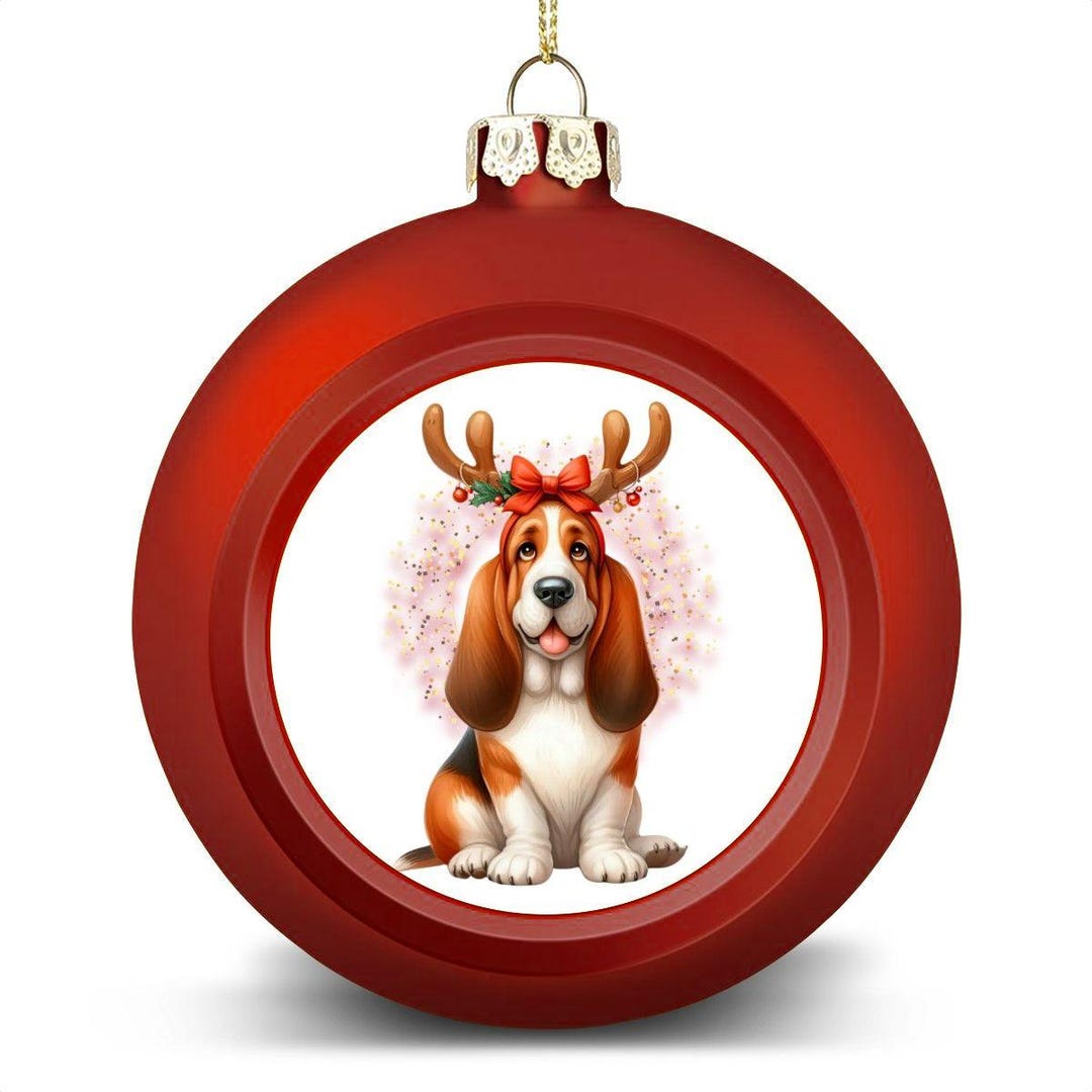 Basset Hound With Reindeer Antlers Christmas Ball Ornaments – Gold or ...