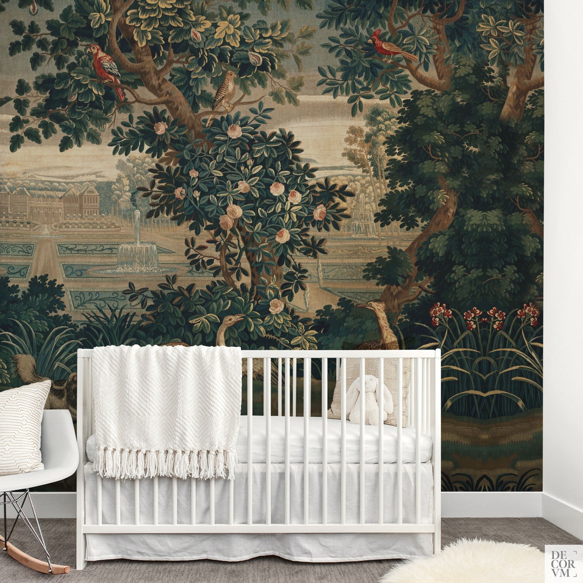 Verdure Scene Wallpaper With Chateau and Garden, French Antique ...