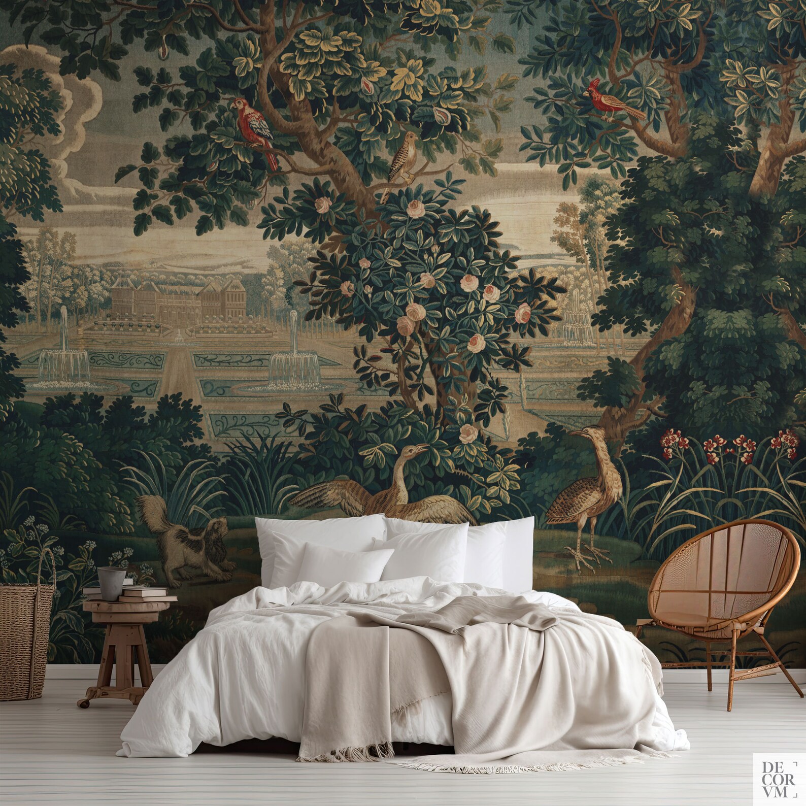 Verdure Scene Wallpaper With Chateau and Garden, French Antique Tapestry Printed as a Wall Mural ...
