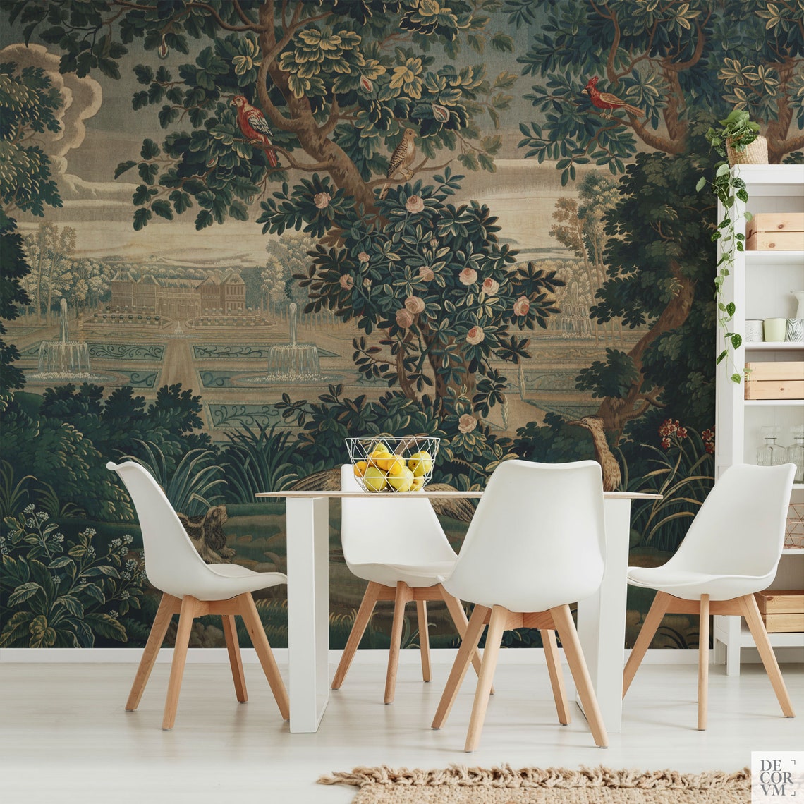 Verdure Scene Wallpaper With Chateau and Garden, French Antique ...