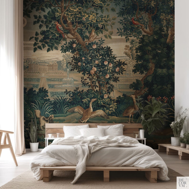 Verdure Scene Wallpaper With Chateau and Garden, French Antique ...