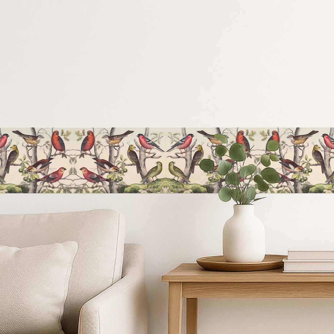Vintage Finches Bird Print Wallpaper, Peel and Stick Border for Kitchen ...