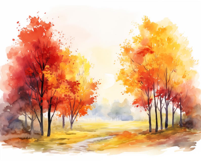 Watercolor Autumn Trees Print: Minimalist Fall Landscape Decor (digital ...
