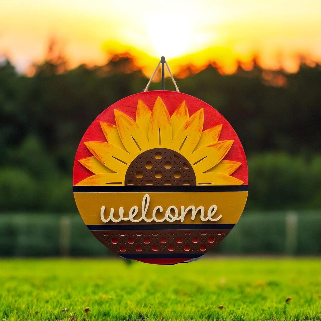 Sunflower Welcome Sign: Rustic Wooden Door Hanger - Etsy