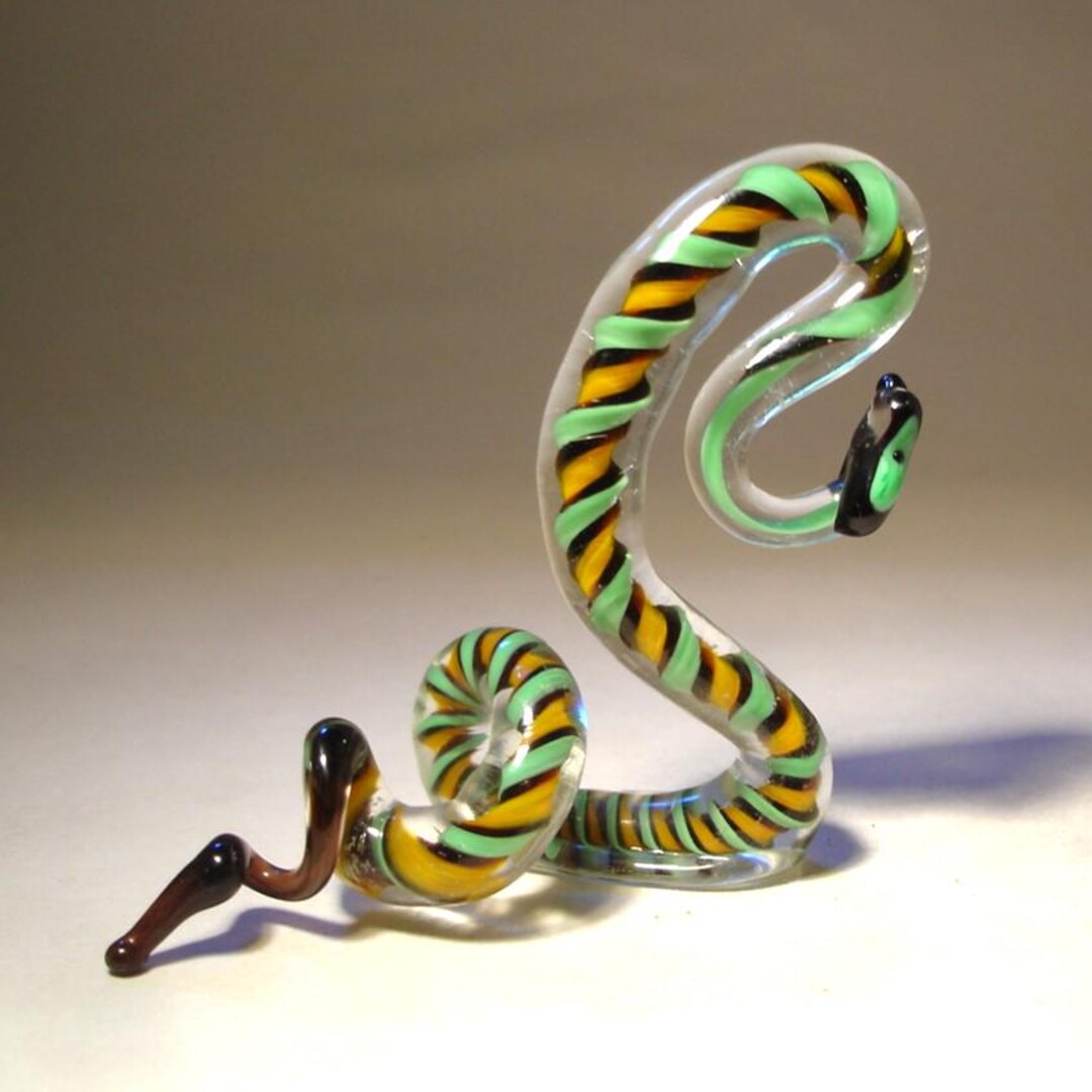 Handmade Blown Glass Snake Figurine - Striped Reptile in Striking Pose ...