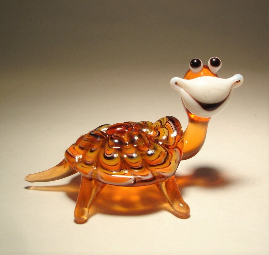 Blown Glass Happy TURTLE Figurine - Handmade Art Brown Tortoise With ...