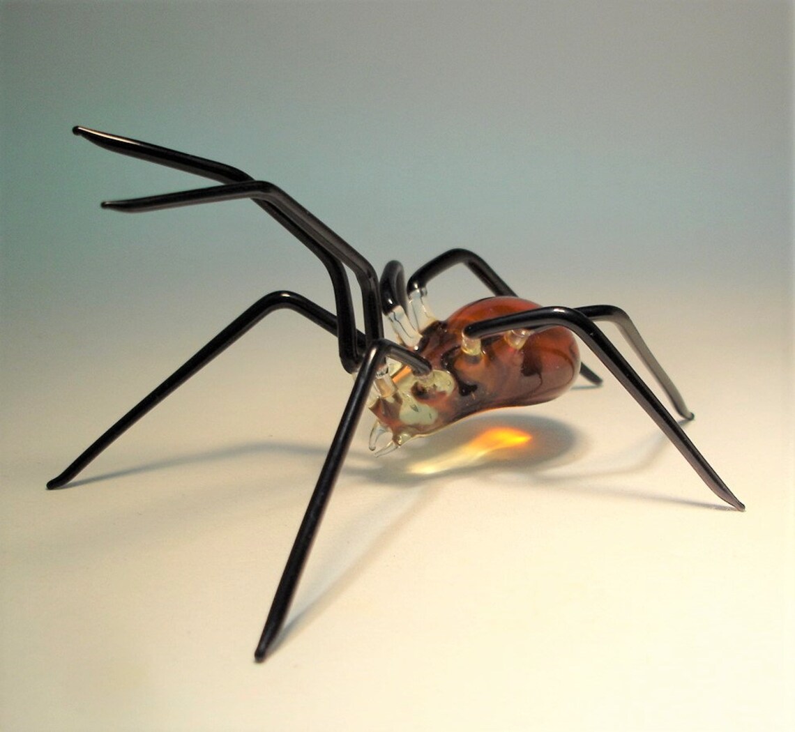 Blown Glass Figurine Art Insect Amber and Black SPIDER - Etsy
