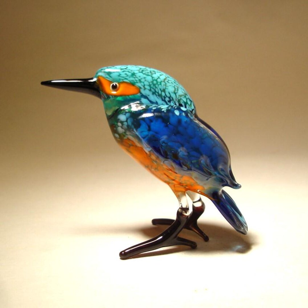 Handmade Blown Glass Kingfisher Figurine – Blue and Orange Art Glass ...