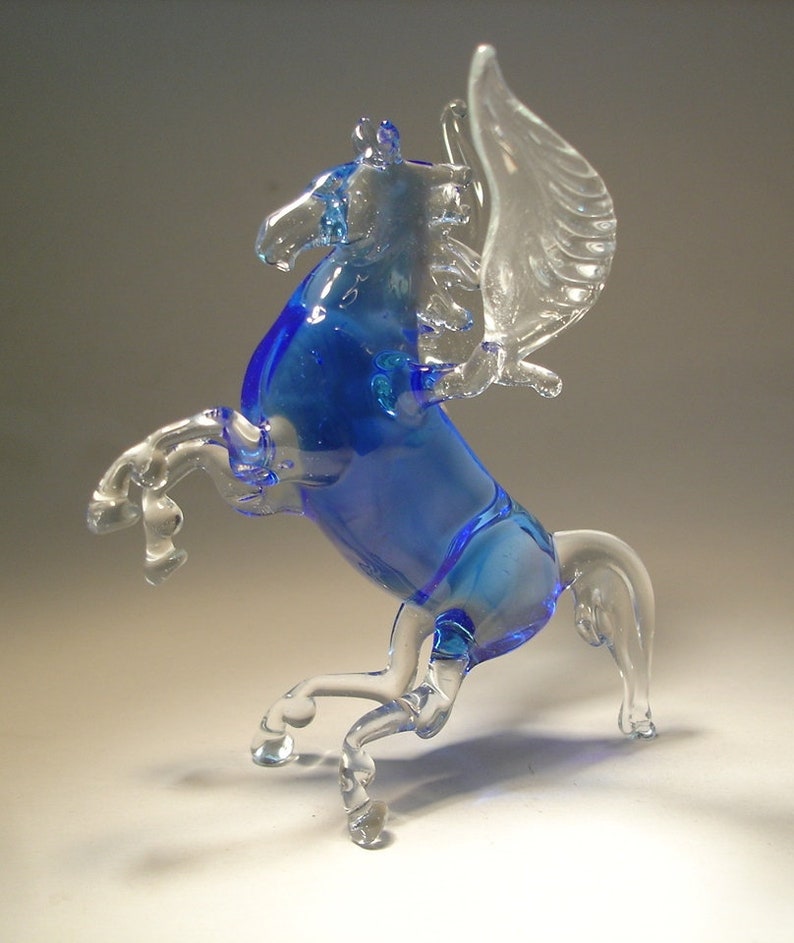 Handmade Blue & Clear Glass Pegasus Figurine - Rearing Mythical Horse ...