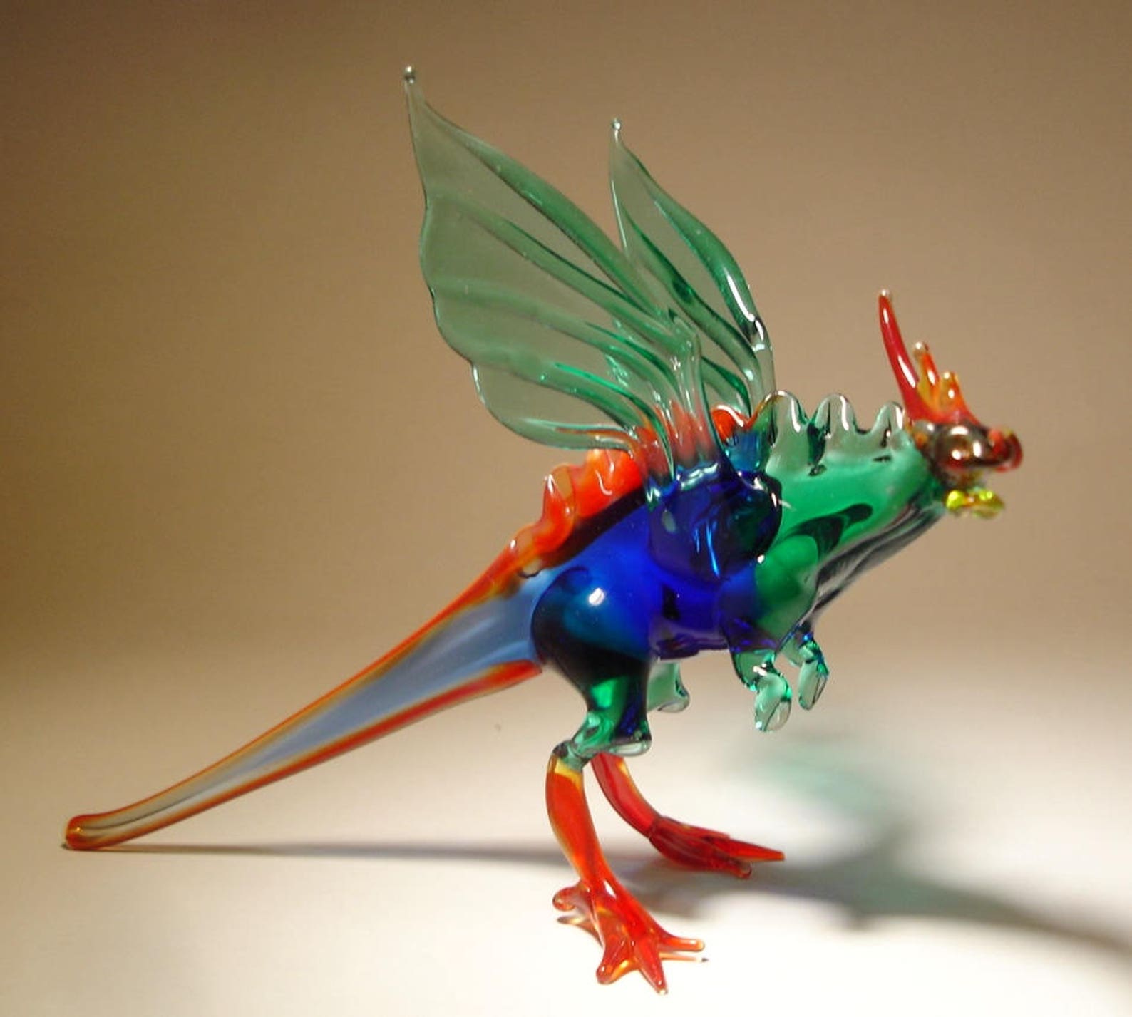 Handmade Blown Glass Figurine Art Blue and Green DRAGON With a | Etsy