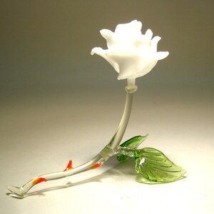 Handmade Blown Glass Art Figurine Open White ROSE Flower Figurine ...