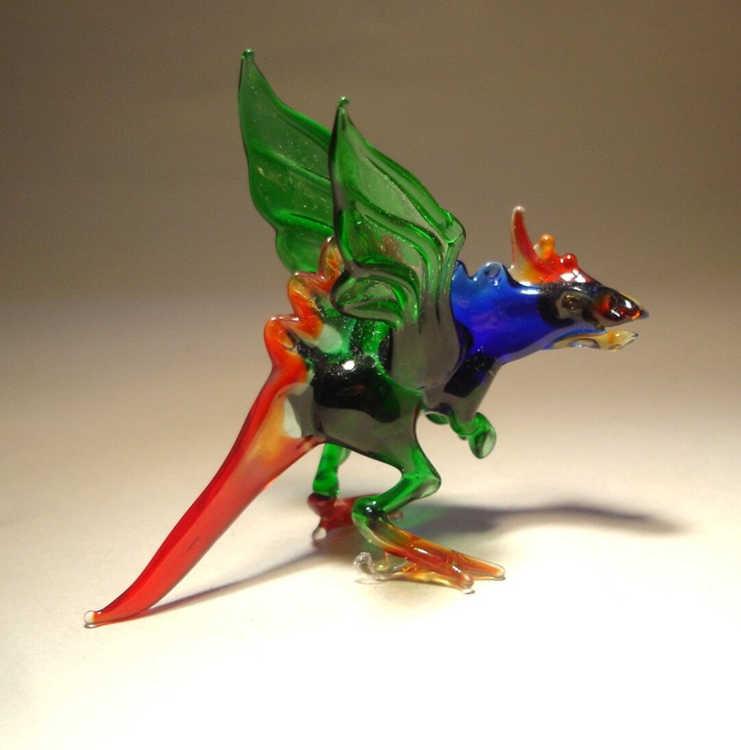 Handmade Blown Glass Figurine Art Blue and Green DRAGON With a Red ...
