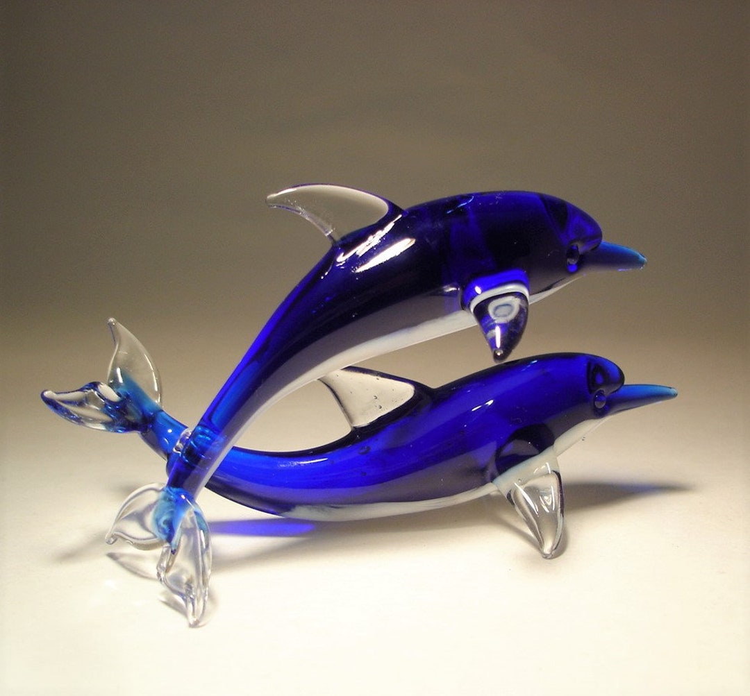 Handmade Blown Glass Figurine Art Figurine Fish Two Blue DOLPHINS Pair ...