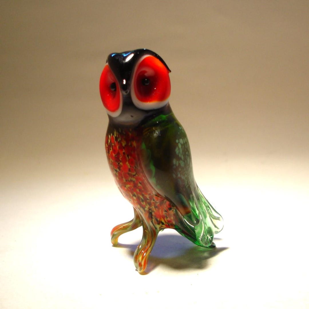 Blown Glass Owl Figurine: Handmade Red & Green Art Bird - Etsy