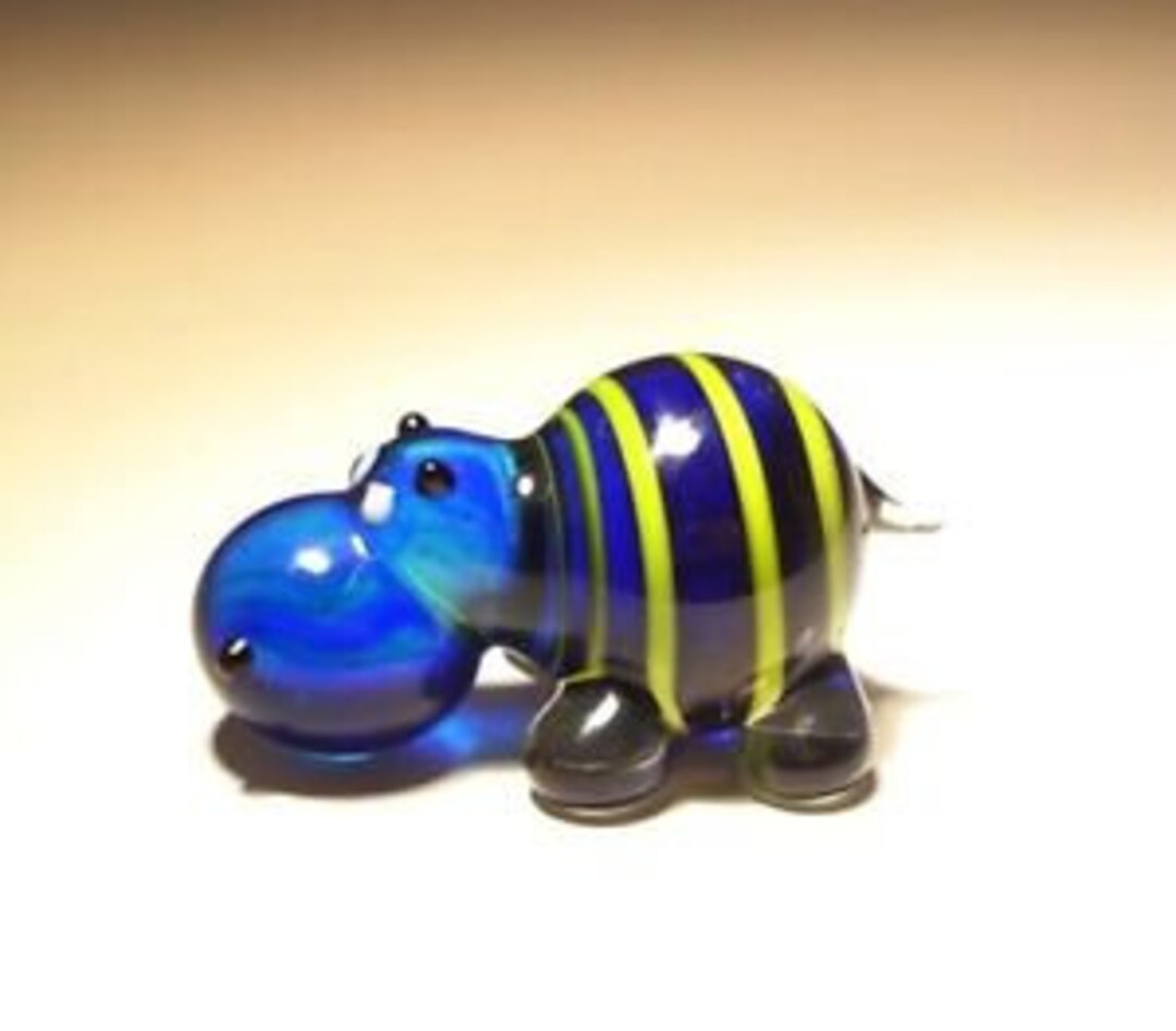 Handmade Blown Glass Art Animal Figurine Small Blue & Yellow Striped ...