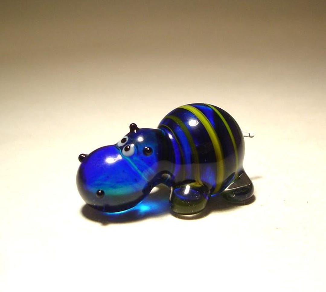 Handmade Blown Glass Art Animal Figurine Small Blue & Yellow Striped ...