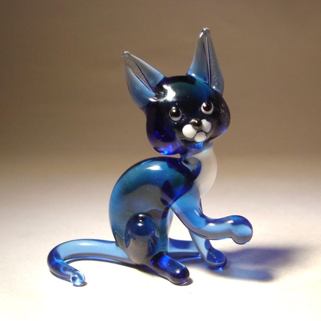 Blown Glass Blue Cat Figurine - Handmade Kitten With Raised Paw ...