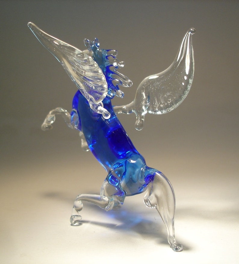 Handmade Blue & Clear Glass Pegasus Figurine - Rearing Mythical Horse ...