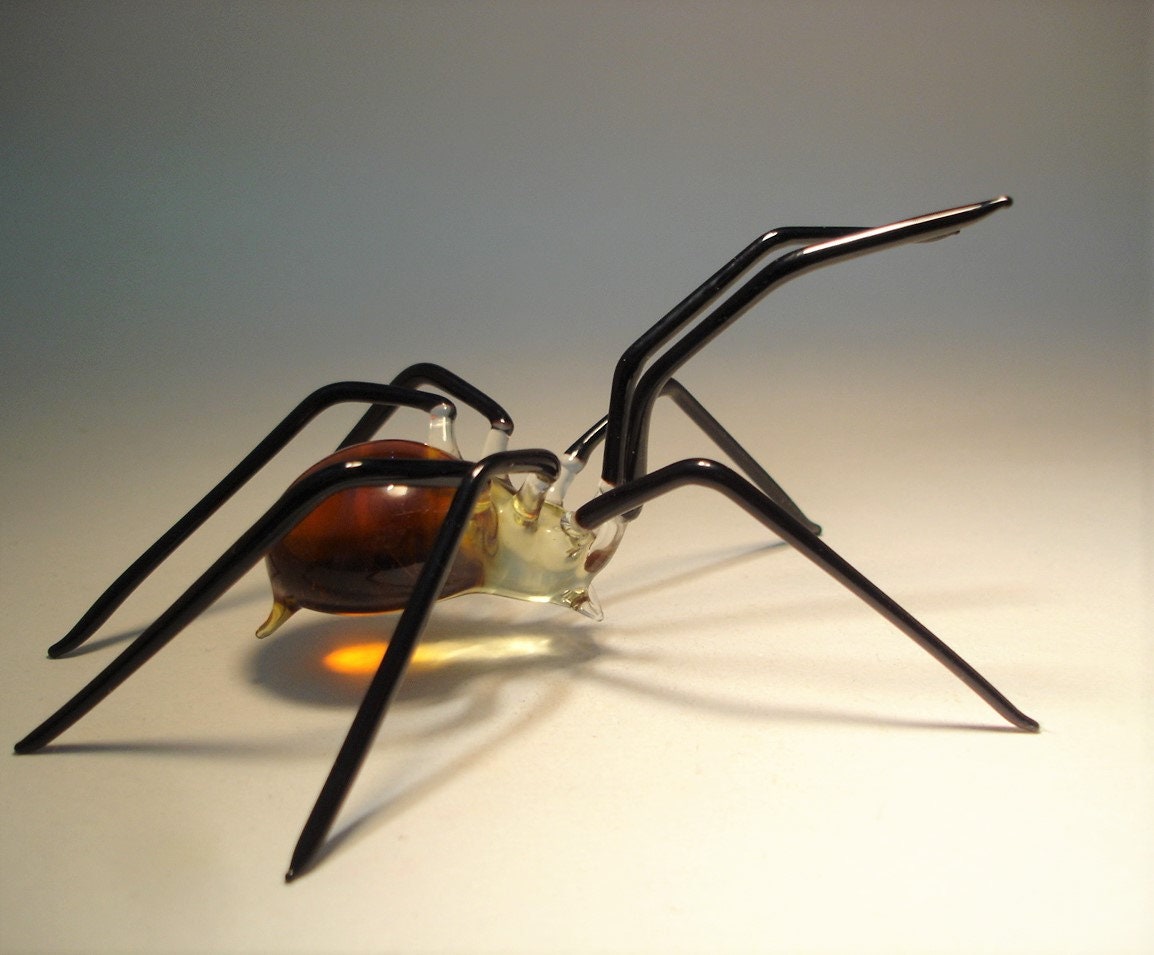 Blown Glass Figurine Art Insect Amber and Black SPIDER - Etsy