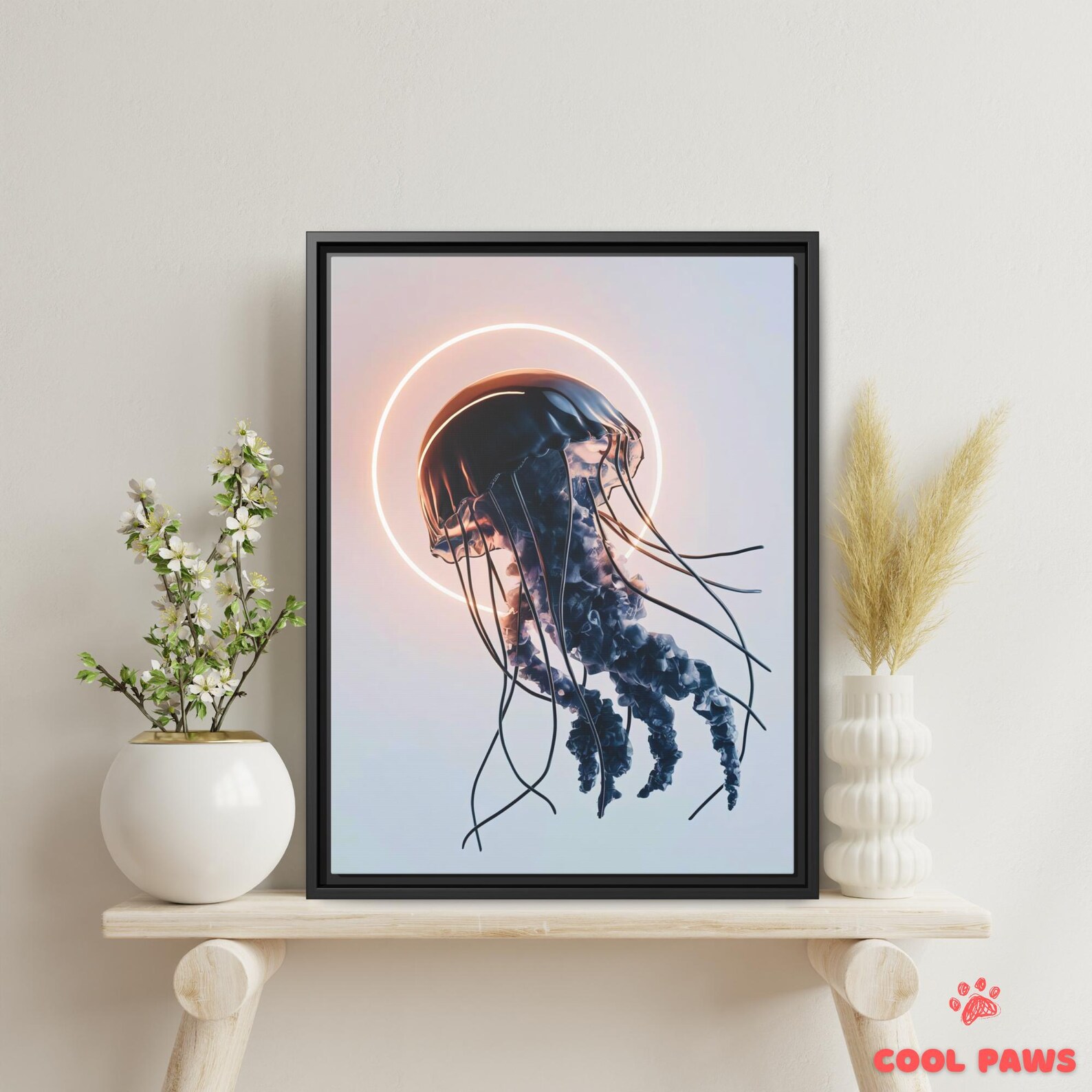 Black Jellyfish With Neon Halo Art Print - Ocean Inspired Decor ...