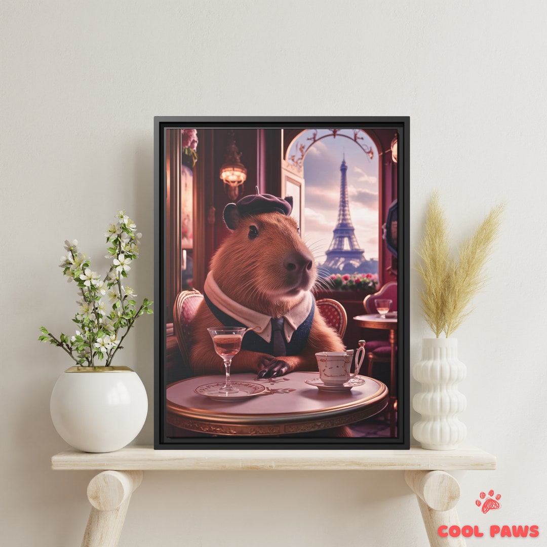 Whimsical Capybara in Paris Art Print - Eiffel Tower Cafe Animal - Funny Pet Portrait in Paris ...