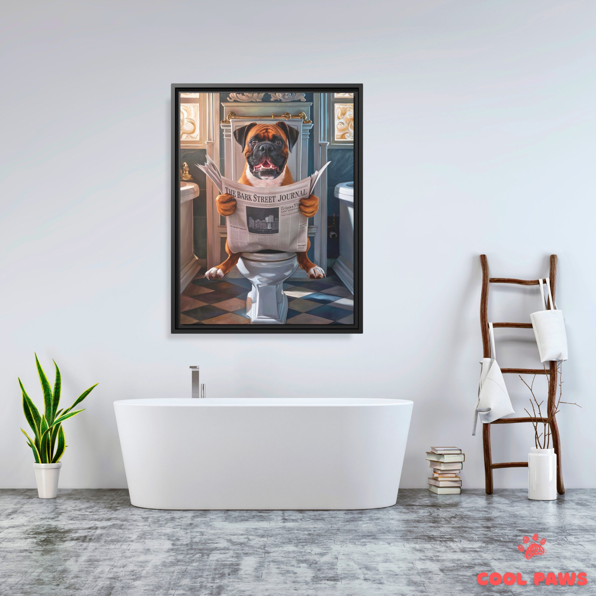 Cute Boxer Bathroom Art Print - Dog on Toilet Reading Newspaper - Funny ...