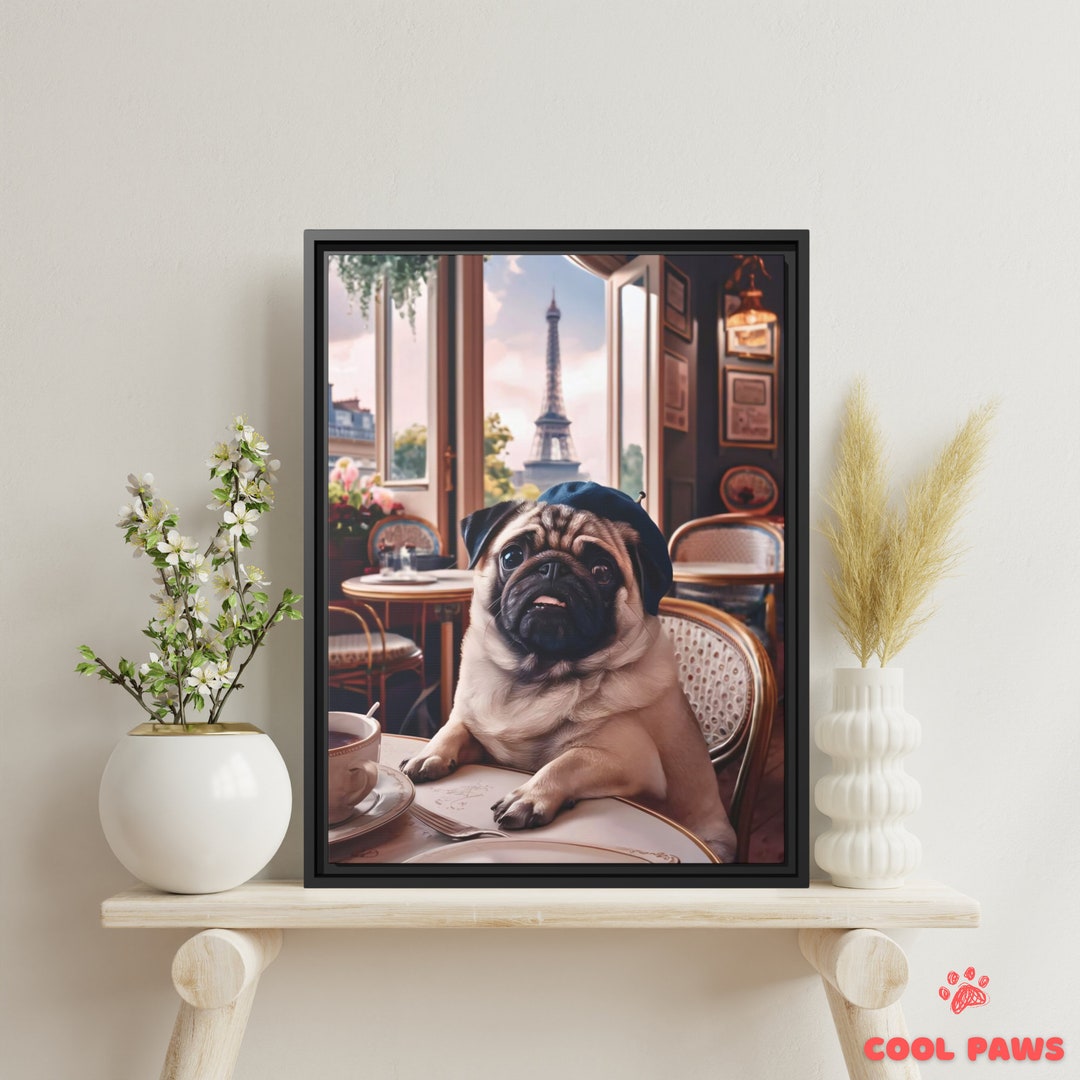 Whimsical Pug in Paris Art Print - Eiffel Tower Cafe Dog - Funny Pet ...